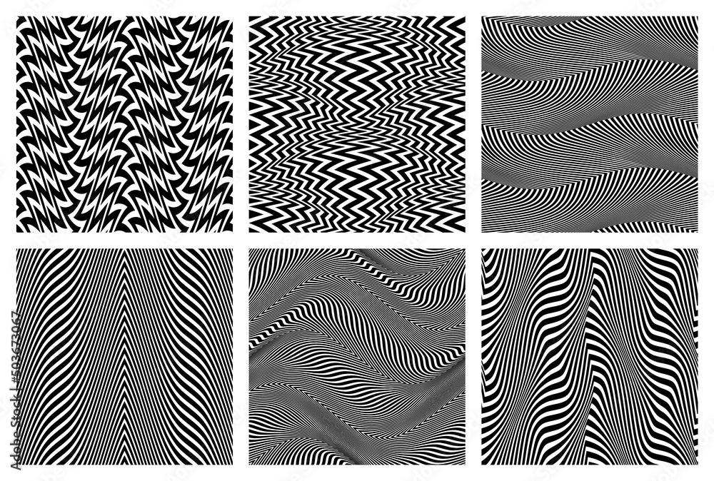 Seamless patterns set of black white distorted stripes. Optical ...