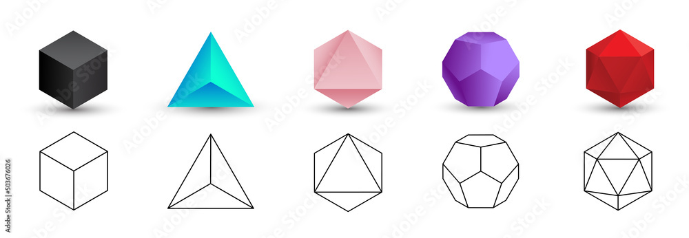 Set of colorful vector editable 3D platonic solids isolated on white ...