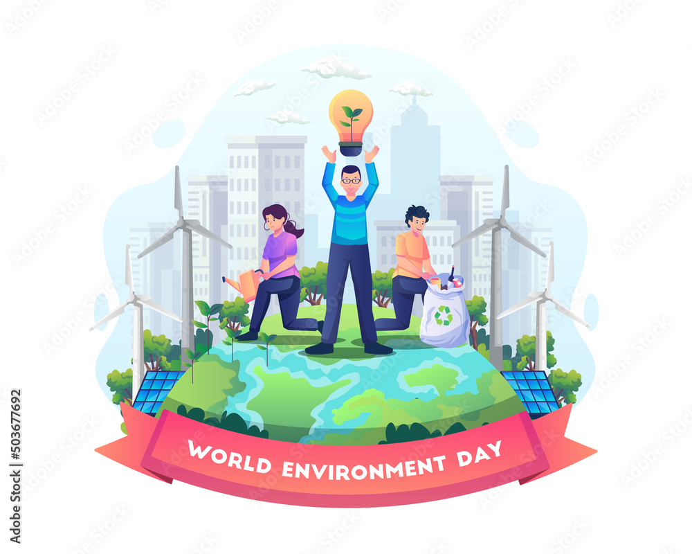 Vetor de World Environment Day concept with People is protecting nature ...