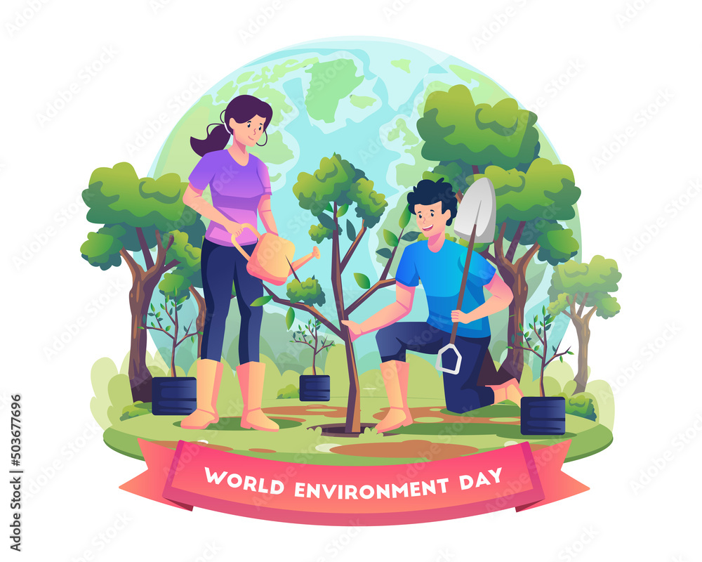 People plant and tend trees for environmental protection and nature ...