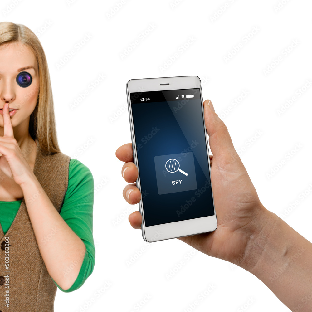 Pretty blonde woman with built-in camera posing on white background ...