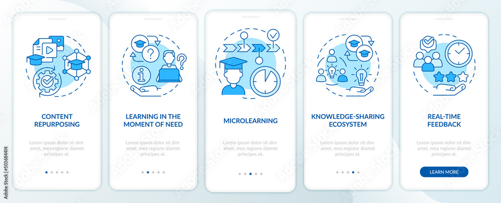 Top skills to learn blue onboarding mobile app screen. Microlearning walkthrough 5 steps graphic ...