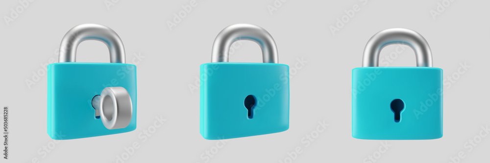 3d blue locked padlock icon set with key isolated on gray background ...