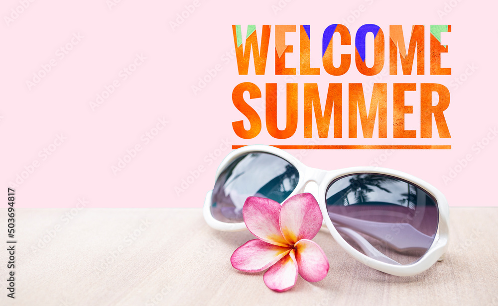Welcome summer banner with women sunglasses, first summer day concept ...