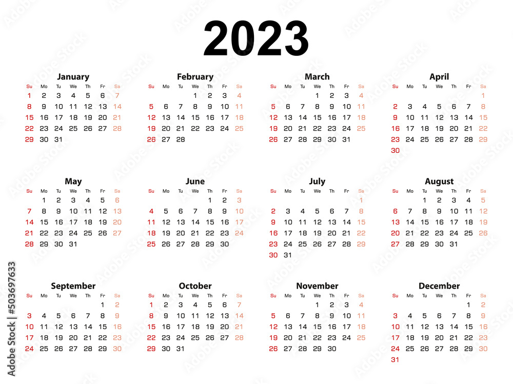 Calendar layout for 2023 year, week starts from Sunday. Stock Vector ...