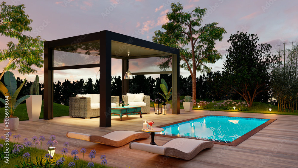 Side view 3D render of black outdoor pergola on deck next to swimming ...