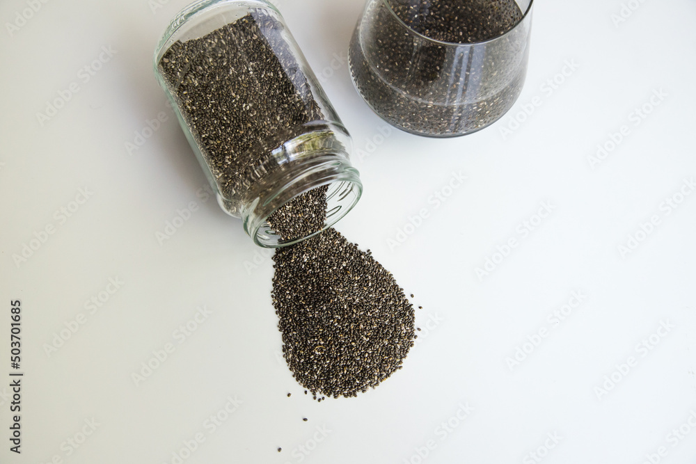 Pile of edible chia seeds from the Salvia hispanica plant. Very healthy ...
