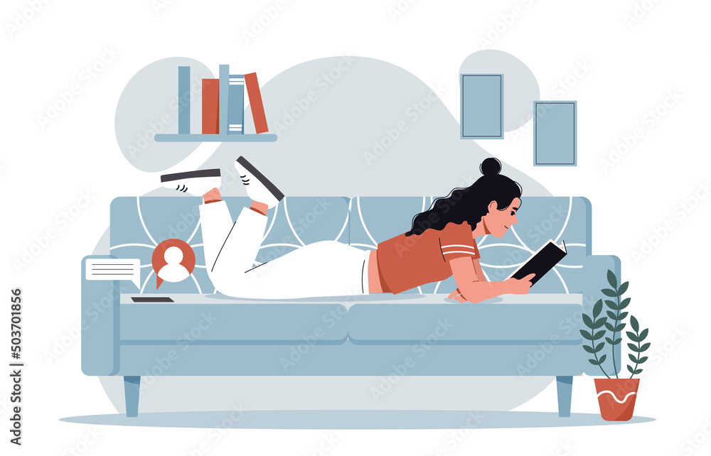 Going offline concept. Girl lying on couch with book in hand, leaving ...
