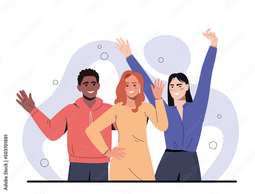 Cheerful people concept. Men and girls welcome newcomer. Advertising ...