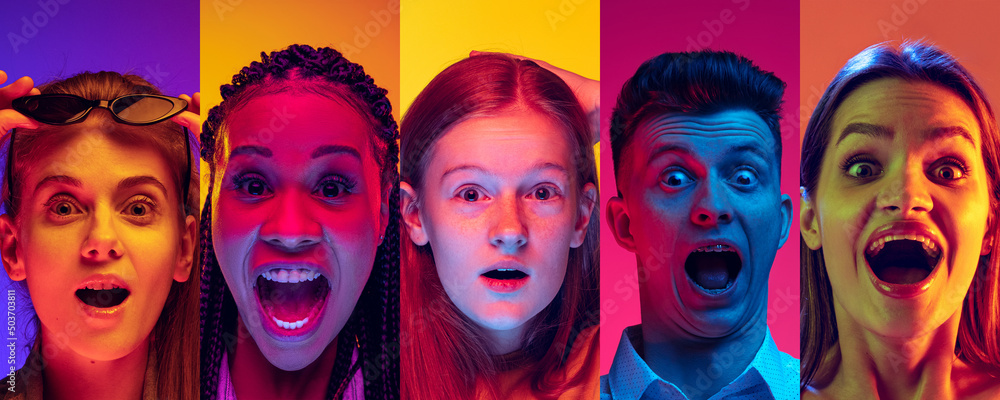 Collage of portraits of young emotional people on multicolored ...