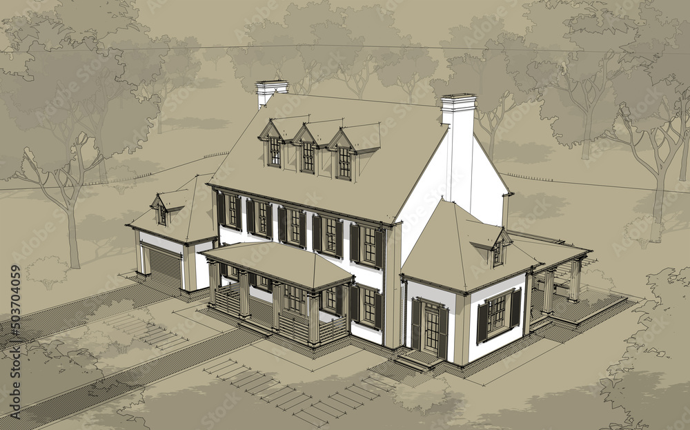 3d rendering of modern cozy classic house in colonial style with garage ...