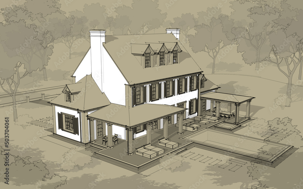 3d rendering of modern cozy classic house in colonial style with garage ...