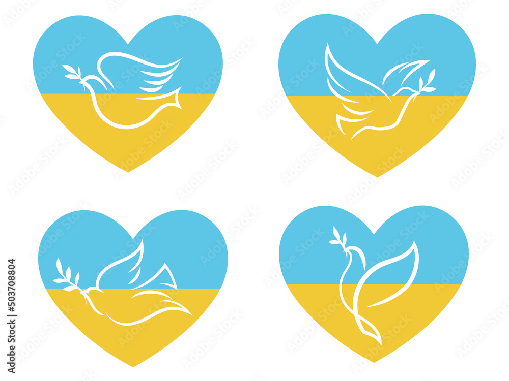 Set of pigeons with ukrainian flag. Collection of flying world doves ...