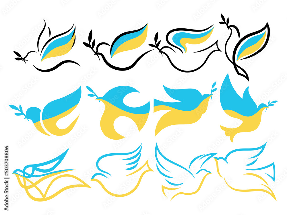 Set of pigeons with ukrainian flag. Collection of flying world doves ...