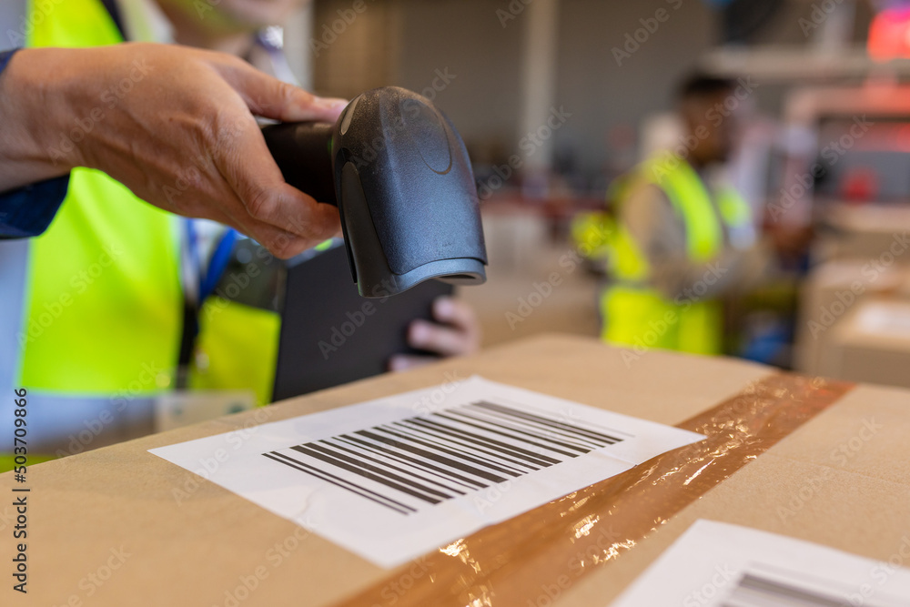 Cropped hand of asian mature male worker scanning barcode on cardboard ...