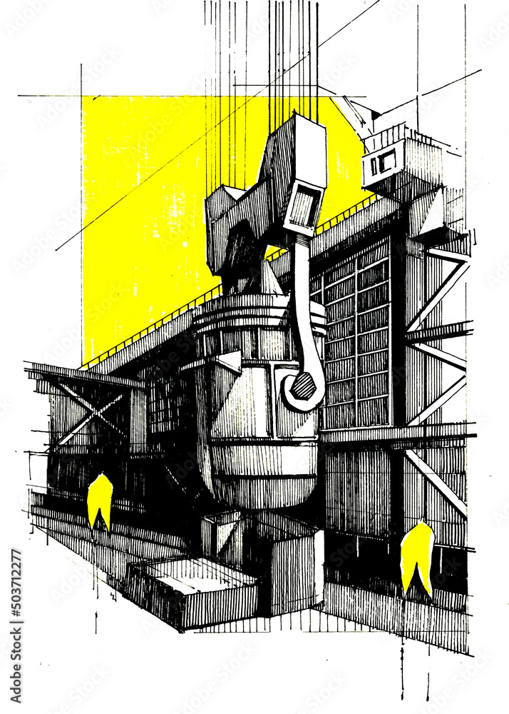 Modern steel manufacturing illustration. Chemical plant sketch. Hand ...