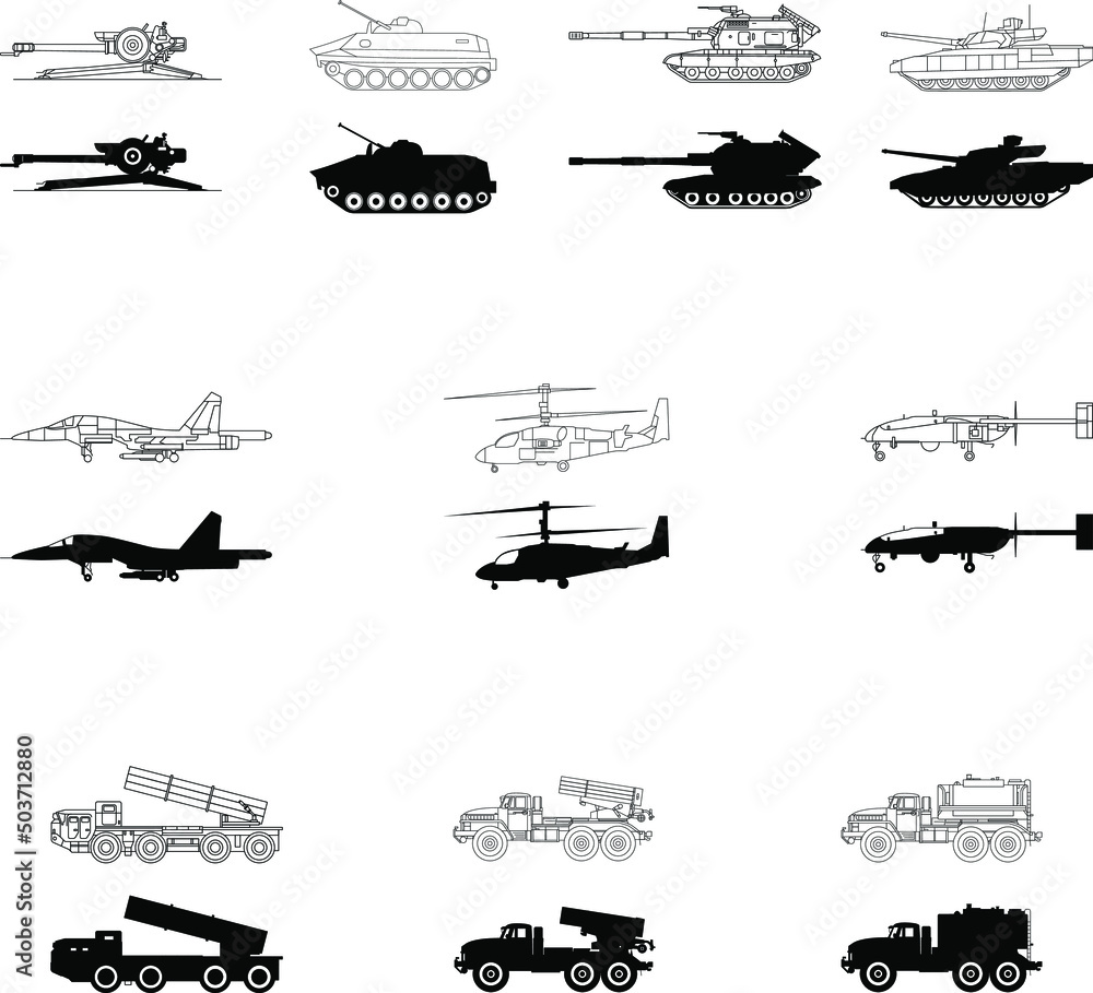 Military equipment tanks, aircraft, helicopters, unmanned aerial ...