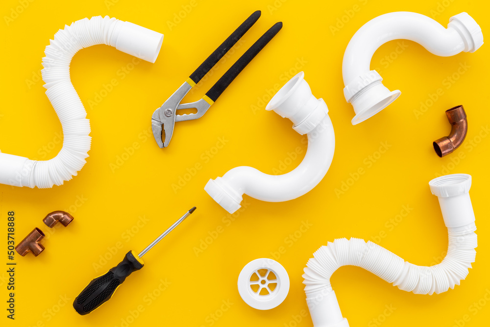 Plumbing work concept with pipes and tools, top view Stock Photo ...