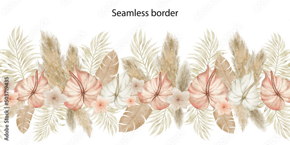 Watercolor seamless pattern. Boho tropical floral border. Dried palm ...