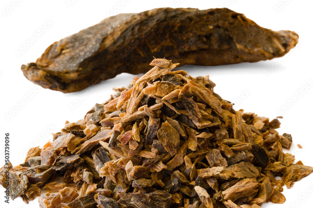 Small heap and chunk of umbalakada aka dry maldive fish on white ...