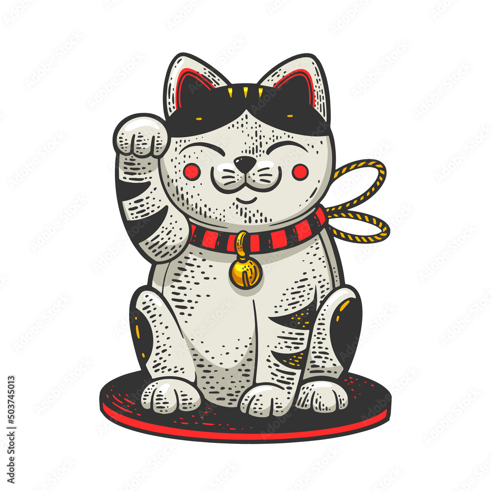 Maneki neko Japanese cat color sketch engraving vector illustration. T ...