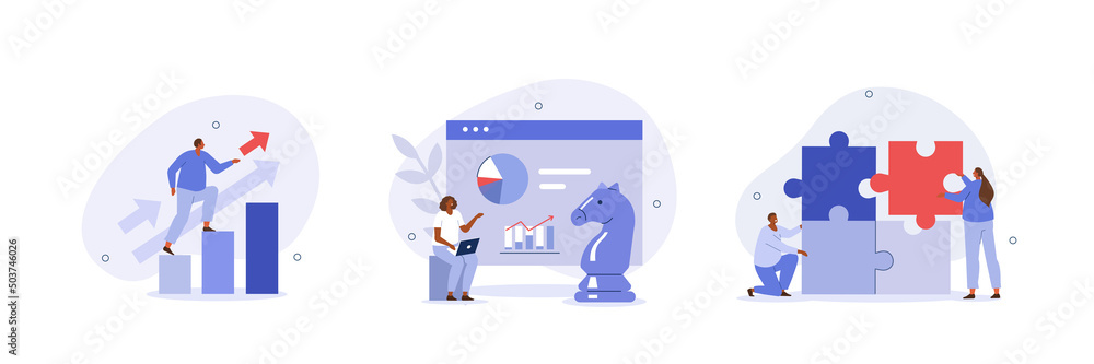 Business strategy illustration set. Characters assembling jigsaw puzzle ...