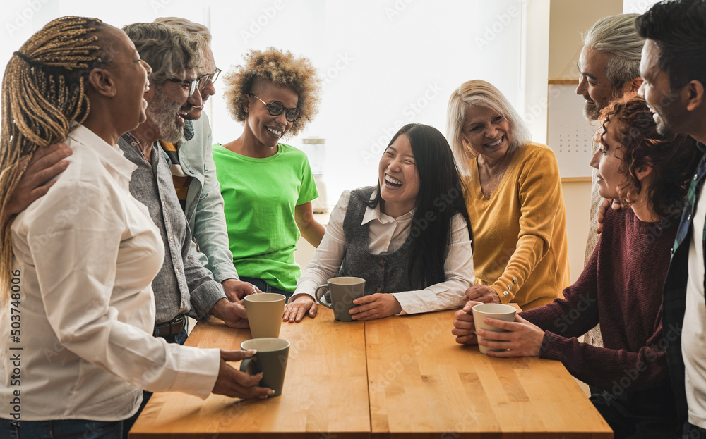Group of multiracial people drinking coffee together indoor - Concept ...