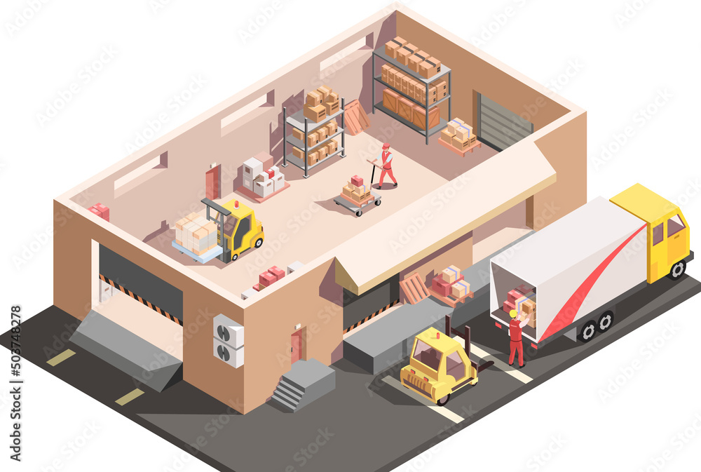 Isometric warehouse, storehouse, indoor, inside interior. Storage ...