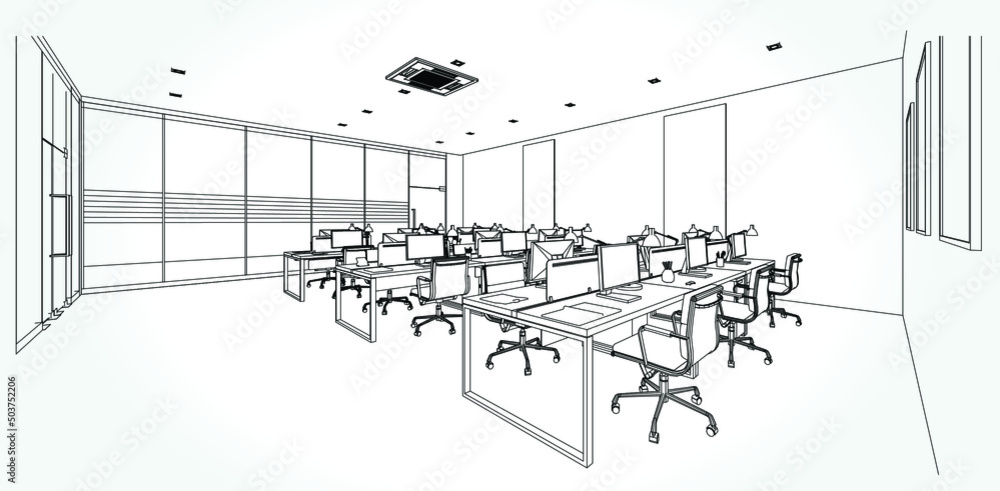 interior outline sketch drawing perspective of a space office ...