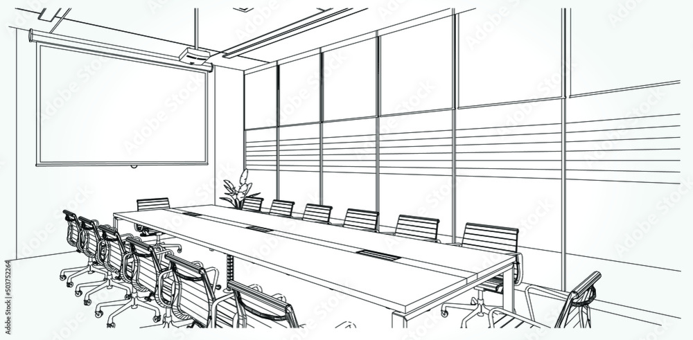 interior outline sketch drawing perspective of a space office ...