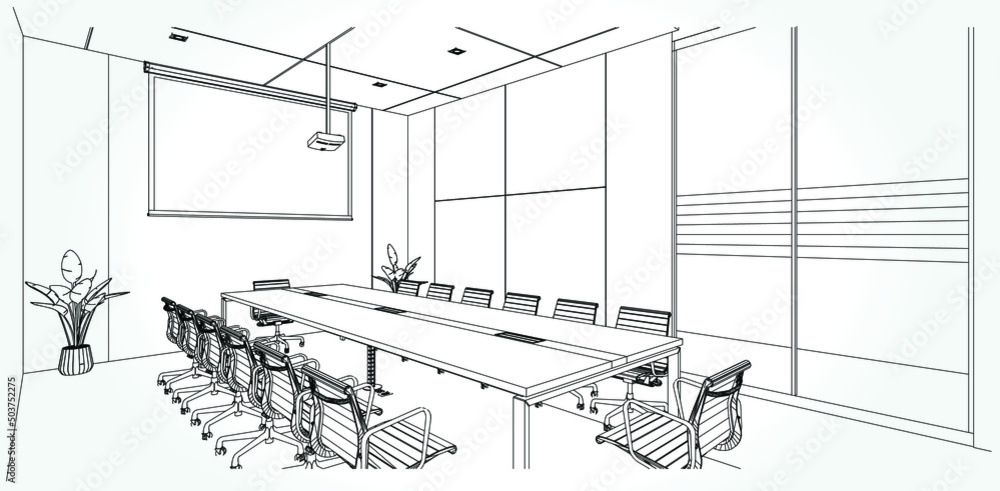 interior outline sketch drawing perspective of a space office ...