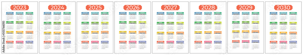Colorful calendar 2023, 2024, 2025 to 2030. Color vector pocket ...
