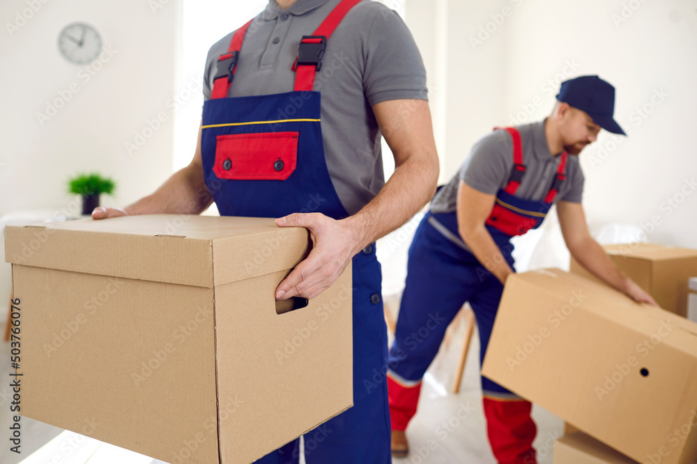 Team of carriers with cardboard boxes help client with moving. Male ...