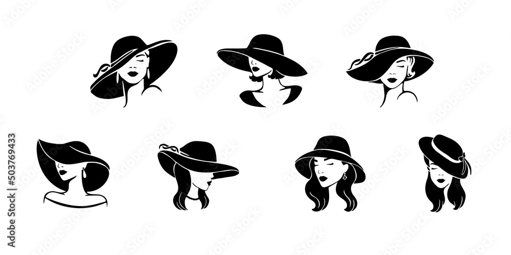 Portraits of ladies with elegant hats on white background. Set of ...