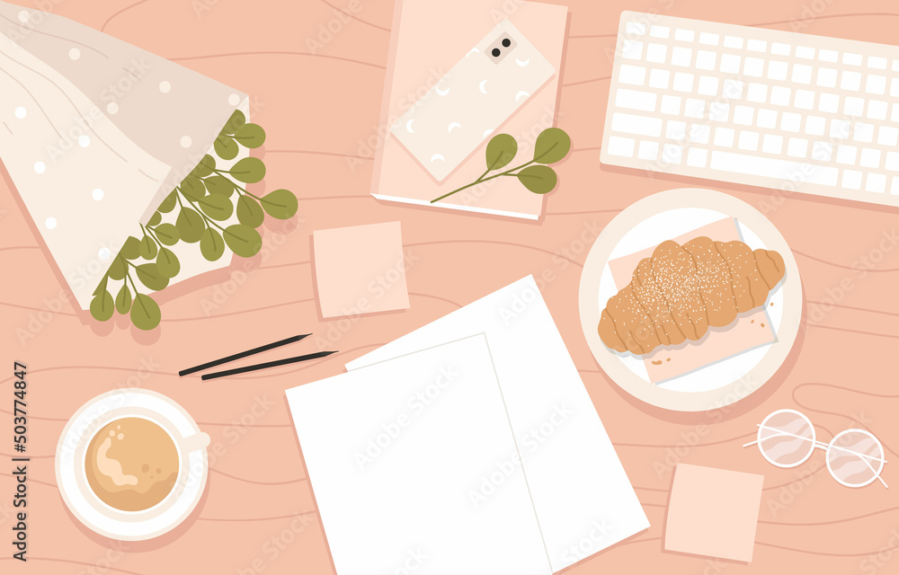 Top view of pink office table desk. Stylish and modern workplace with ...