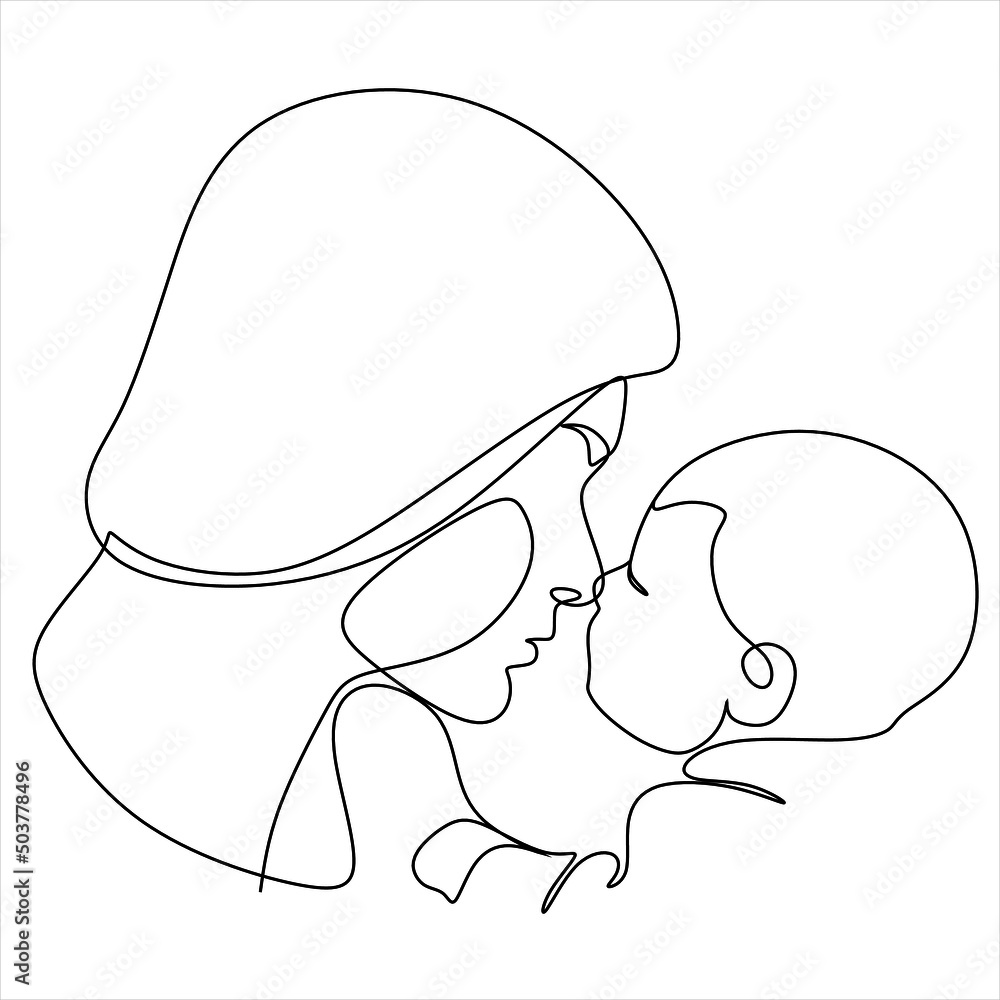 Abstract mother with a child in continuous one line drawing art style ...