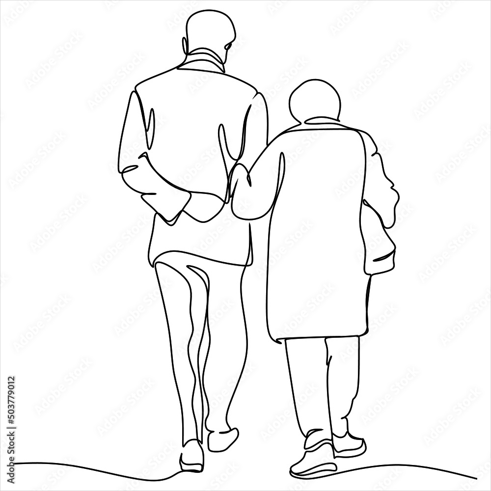 Elderly couple in continuous line art drawing style. Senior man and ...