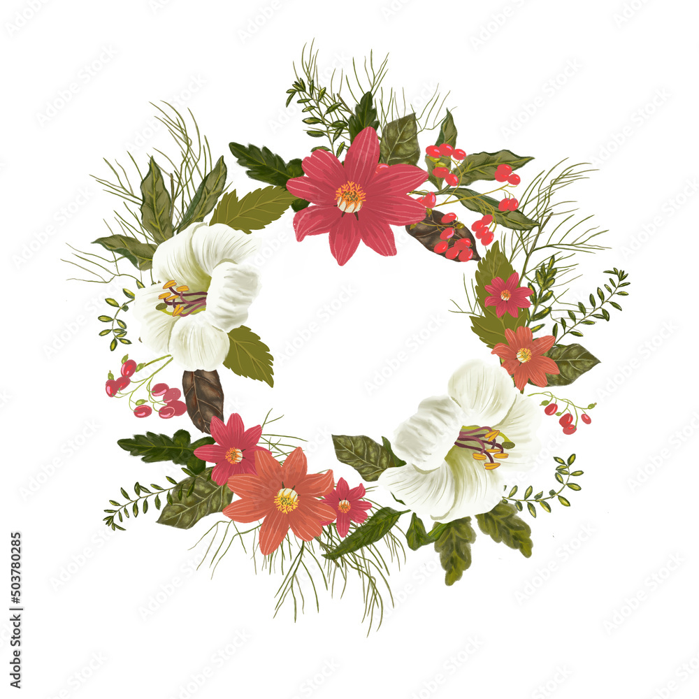 Colorful vintage wreath with wild flowers and leaves. White and red ...