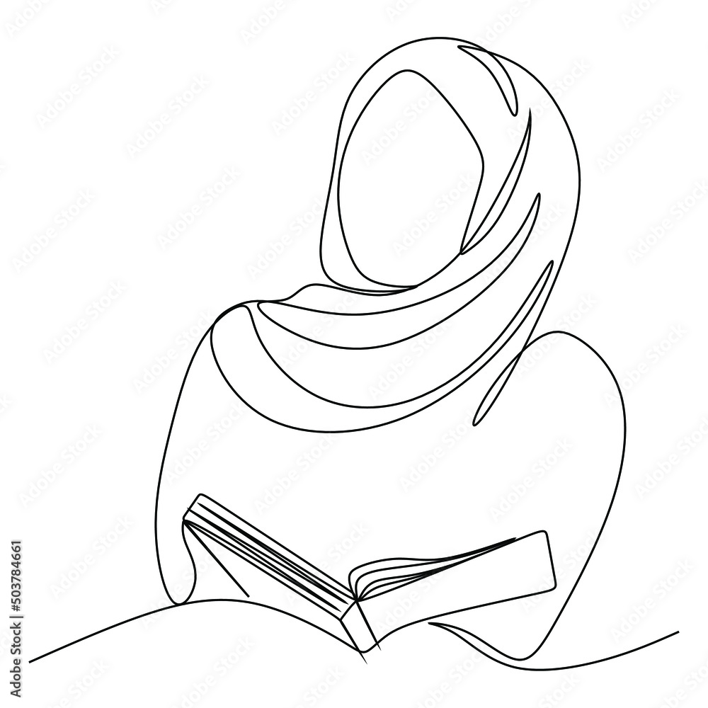 continuous single drawn one line Muslim girl student drawn by hand ...
