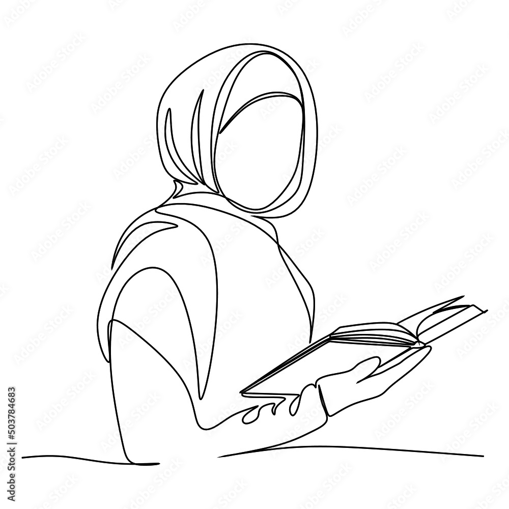 continuous single drawn one line Muslim girl student drawn by hand ...