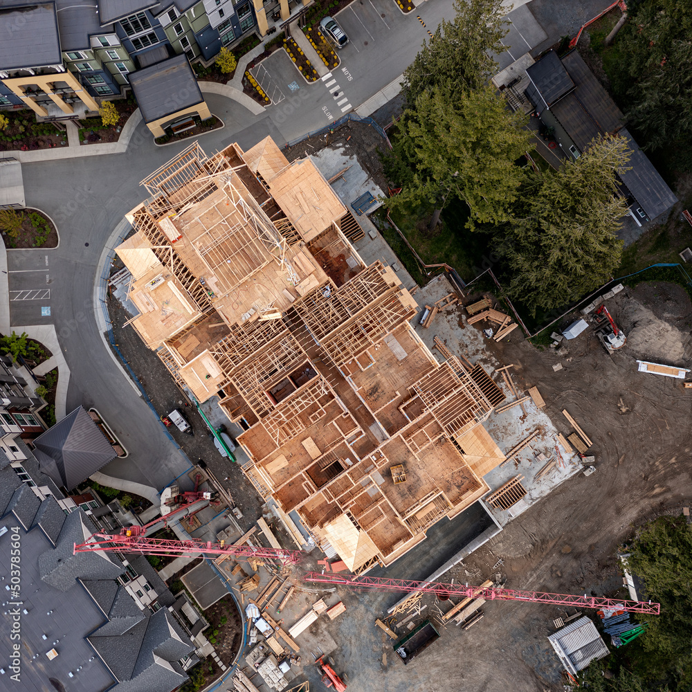 Halfway ready wood framing of a new six story apartment building at ...