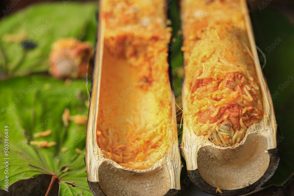Bamboo chicken, chicken cooked in bamboo,rice cooked in bamboo,bongu ...