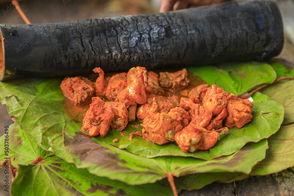 Bamboo chicken, chicken cooked in bamboo,rice cooked in bamboo,bongu ...