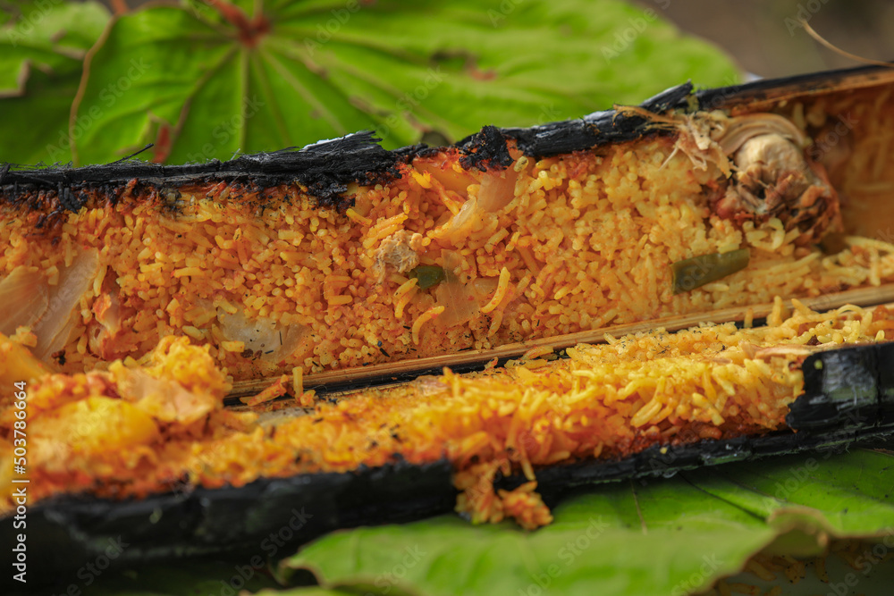 Bamboo chicken, chicken cooked in bamboo,rice cooked in bamboo,bongu ...