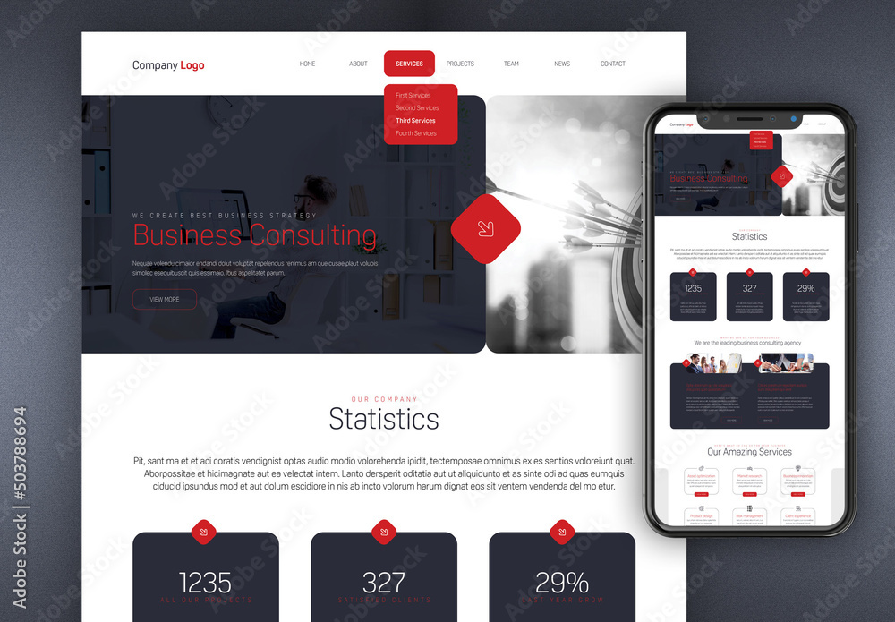 Business Presentation Website with Dark Blue and Red Accents Stock ...