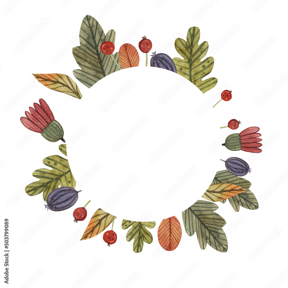 Autumn watercolor hand drawn circle frame with leaves, berries and ...