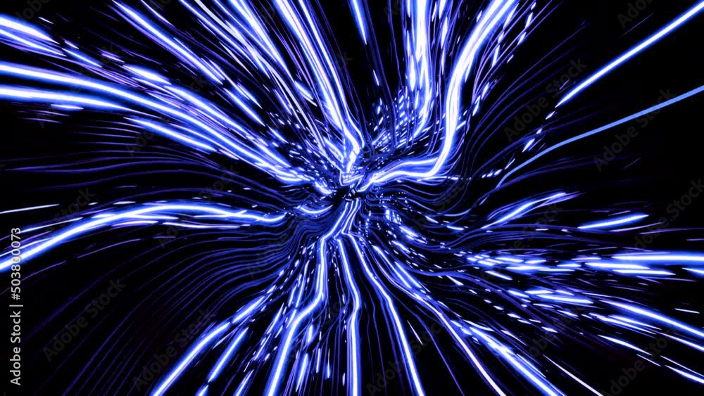 Black background.Design. Bright blue lightning that strikes the center ...