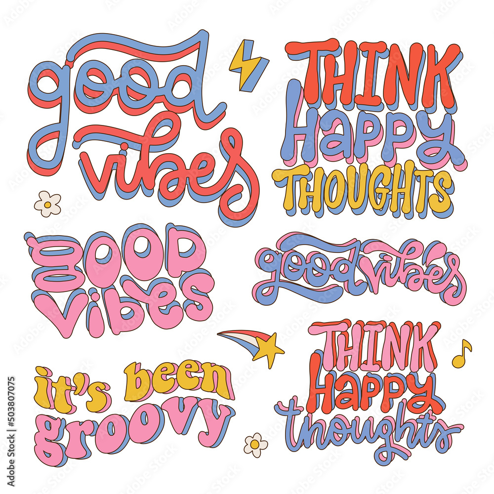 Colorful retro set of inspirational lettering and typographic quotes in ...
