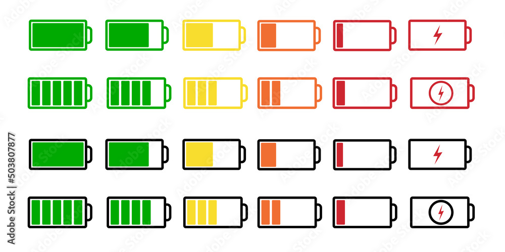 Set of capacity battery icons. Mobile phone charge level illustration ...