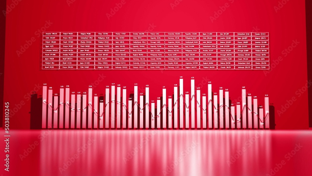 3d render. Abstract dashboard with statistics, infographics, columns ...